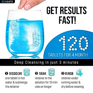 Retainer Cleaner - Denture Cleaning Tablets - Formulated in USA - Clean Mouth Guard, Aligner, Night Guard in 3 Minutes - 120 Tabs Big Pack - 4 Month Supply - Dental Cleanser for Teeth Appliances