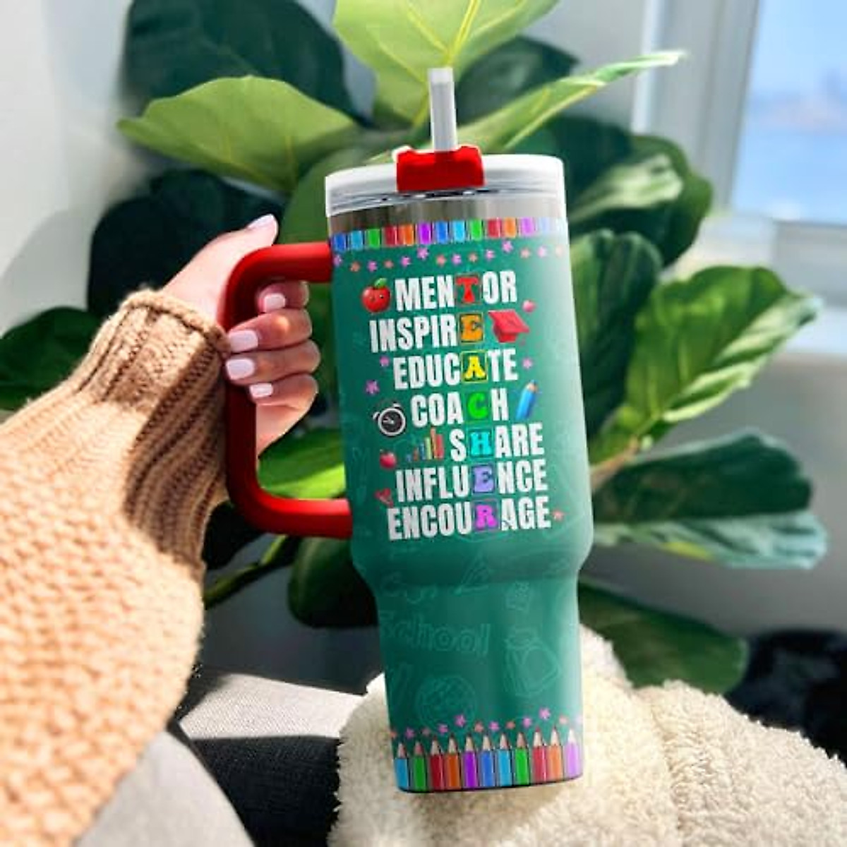 99WHALE Teacher Gifts, Appreciation For Math Teachers Insulated Women Lime Coffee Tumblers Cups Funny Straws Pack, Tumbler 40 Oz With Handle Lid And Straw, Teacher Inspire