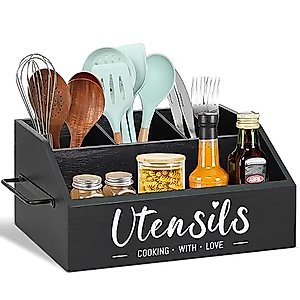 Utensil Holder for Kitchen Counter, Large Kitchen Utensil Holder with Handles, Farmhouse Cooking Utensil Organizer for Flatware, Utensil Caddy with 4 Compartments, Black Kitchen Tools Storage