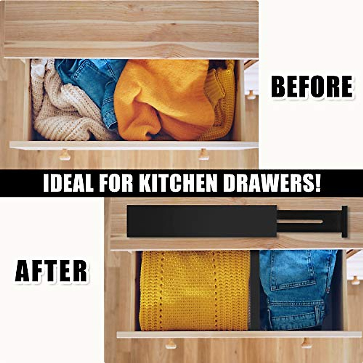 Ryqtop Bamboo Drawer Dividers Organizers, Kitchen Drawer Organizer, Adjustable Drawer Divider for Clothes, Kitchen, Dresser, Bedroom, Bathroom and Office, 4-Pack(12-17 IN), Black