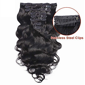 Kislemon Clip in Hair Extensions #1B Natural 10A Body Wave 100% Unprocessed Virgin Human Hair Cheap 8 Pieces/Lot 125g with 16 Clips(26 Inch)