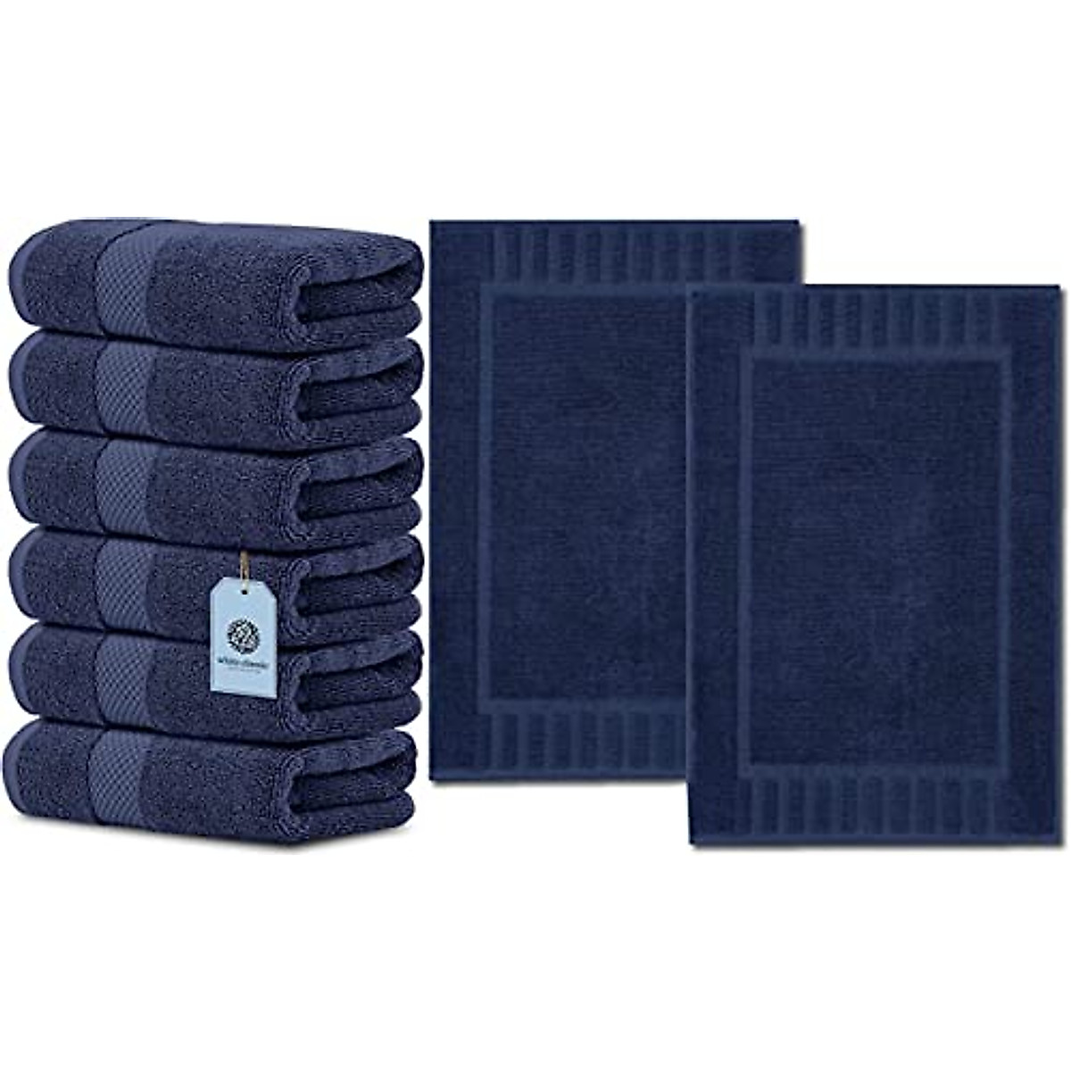 White Classic Luxury Hand Towels | 6 Pack Luxury Bath 2 Pack Bundle (Navy Blue)