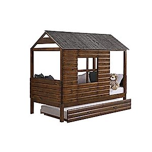 Donco Kids Twin Log Cabin Low Loft w/Twin Trundle, Rustic Walnut, Double