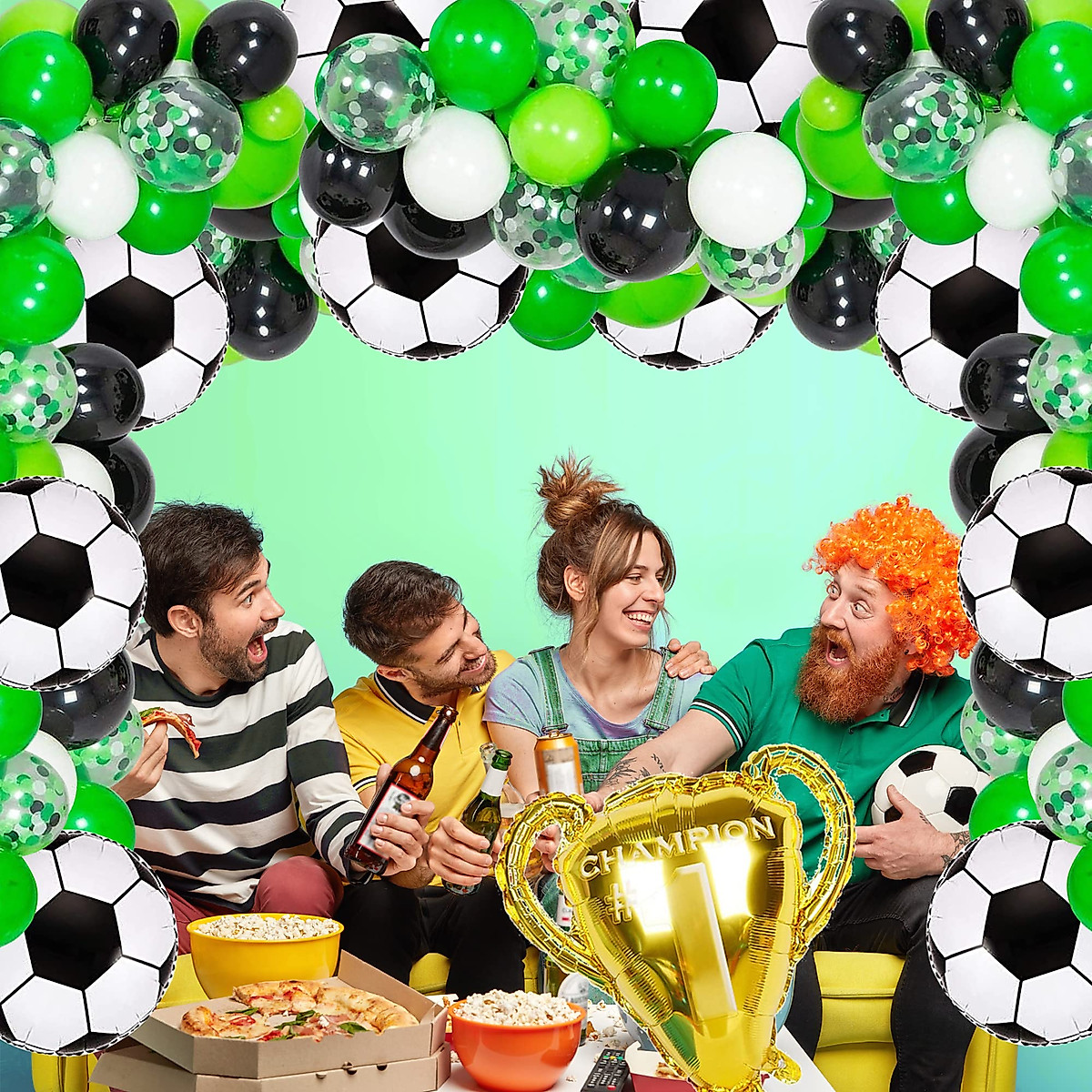 Soccer Party Balloon Garland Arch Kit, 111 Pcs Green White Black Confetti Balloons with Soccer Champion Cup Mylar Foil Balloons for Soccer Theme Party Decorations