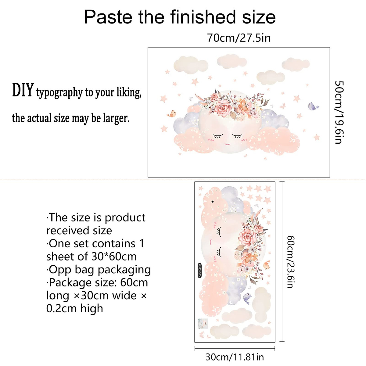 Smiling Moon Cloud Wall Decals Stickers, ULENDIS Removable Flying Birds Stars Wall Stickers, Peel and Stick Pink Clouds with Wreath Wall Art Decor for Home Dorm Party Nursery