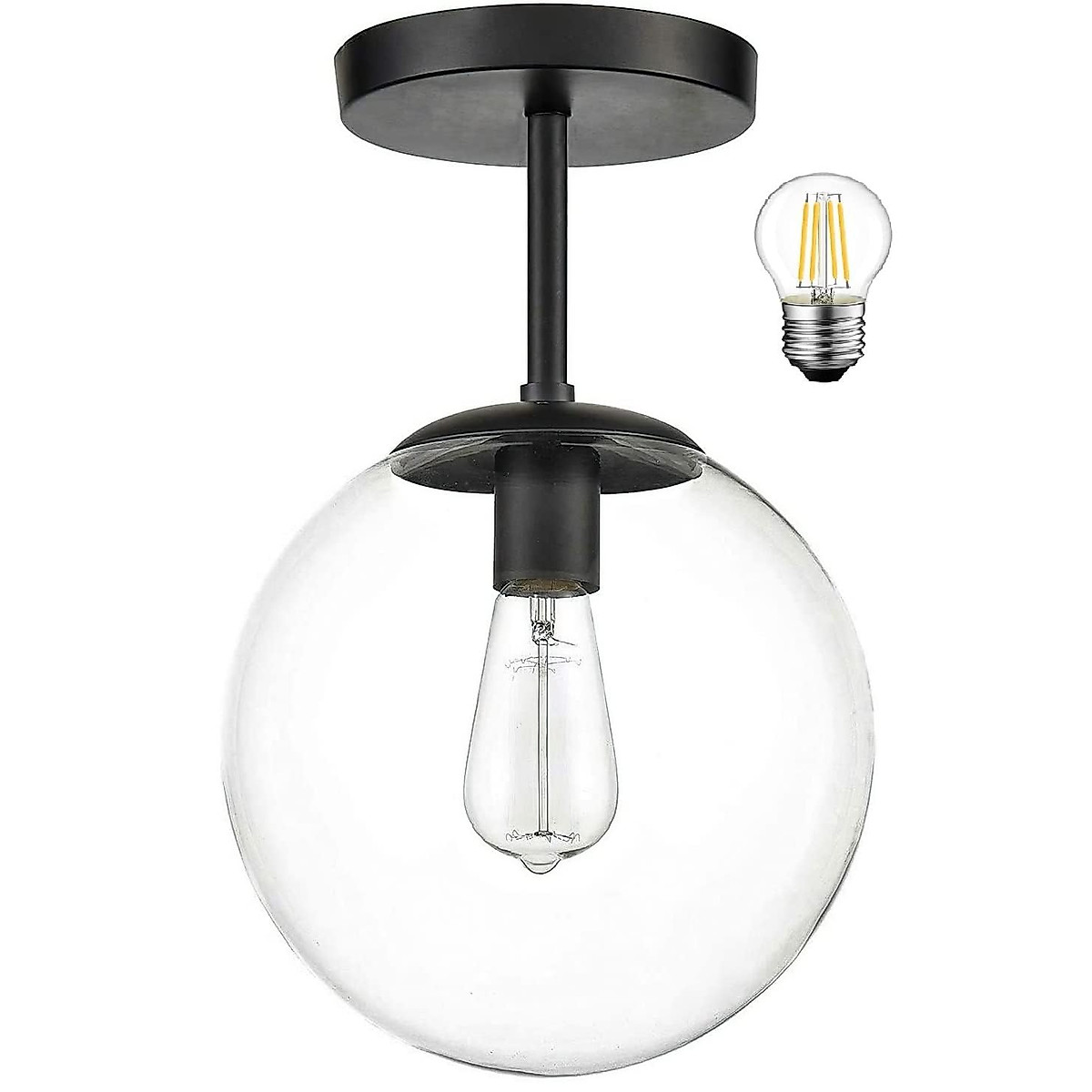 Mid Century Modern Globe Semi Flush Mount Ceiling Light Fixture, Clear Glass with Finish, Black 1-Light Sphere Glass Pendant Lights for Aisle Porch Stairway Closet Kitchen Laundry Room(Bulb Incl.)