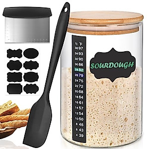Kmise Sourdough Starter Jar, 34 Oz DIY Pro Glass Sourdough Starter Jar Kit With Thermometer, Silicone Spatula, Blackboard Stickers and Cutter