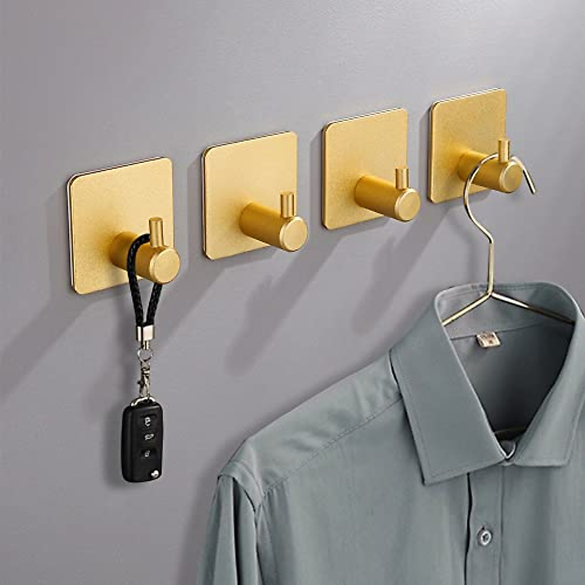 XUANHEY Adhesive Hooks Gold Bathroom Towel Hooks 4 Pack Shower Hooks Heavy Duty Space Aluminium Kitchen Hooks Self Adhesive Wall Hooks for Bathroom Office Kitchen Bedroom Rustproof Waterproof (Gold)