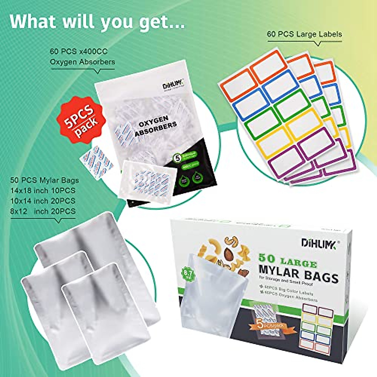 50 Mylar Bags 60x400CC Oxygen Absorbers for Food Storage Long Term 8.7 Mil Gallon Aluminum Foil 60 Stickers (14"x18", 10"x14", 8"x12")