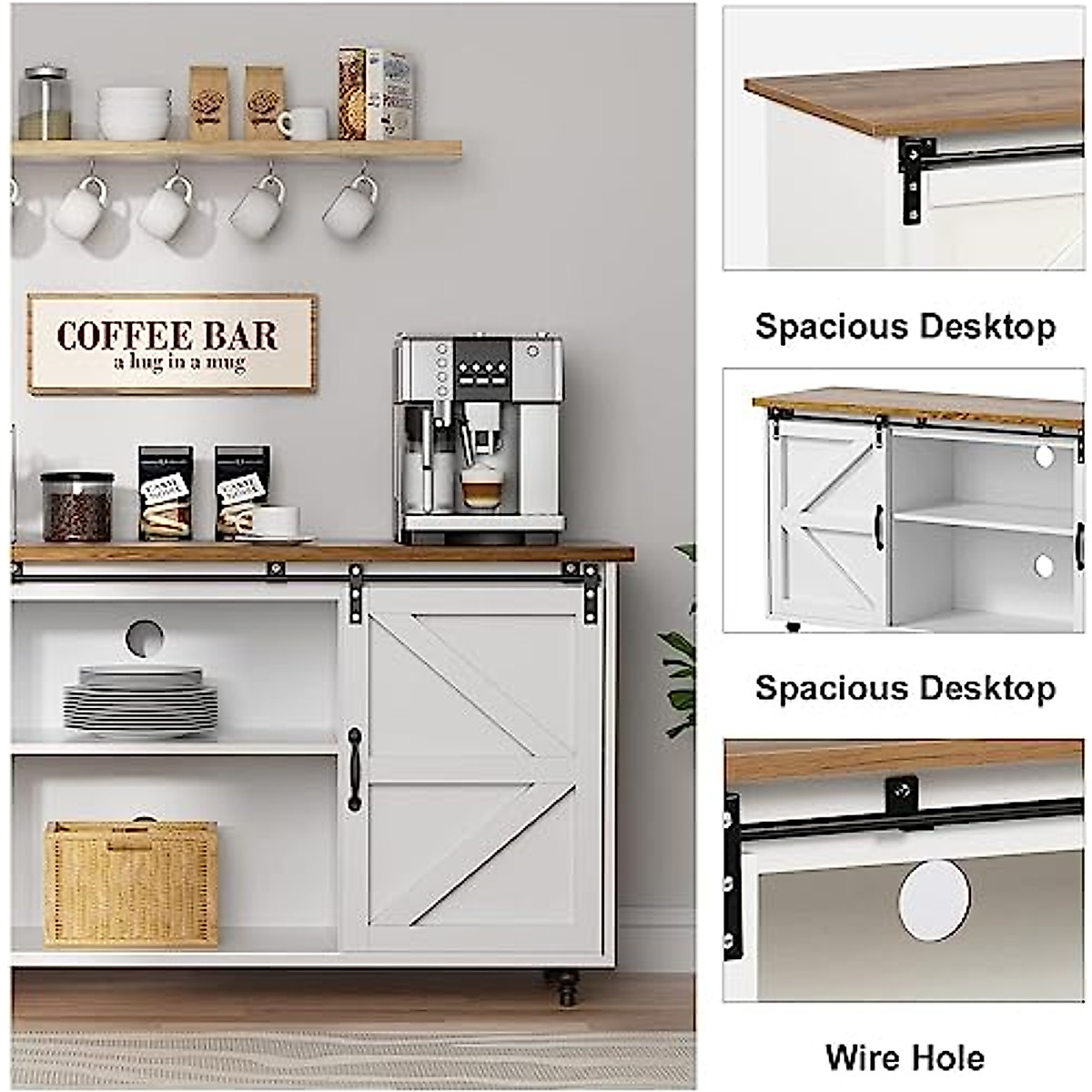Farmhouse Coffee Bar Cabinet with Storage, 58’’ Kitchen Sideboard Buffet Storage Cabinet with Sliding Barn Door, White Cabinet with Adjustable Shelves, Buffet Table for Living Dining Room