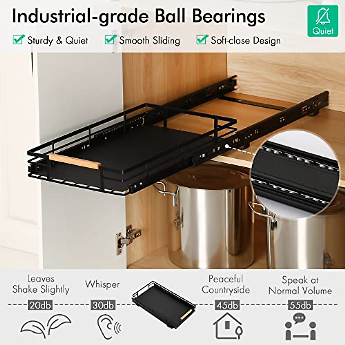 KES Pull Out Cabinet Organizer, 12" Wide Kitchen Bathroom Cabinet Drawer Heavy Duty Under Cabinet Slide Out Organizer Storage Shelves, Wooden Handle with Soft Close Black, KPO501W30D53-BK