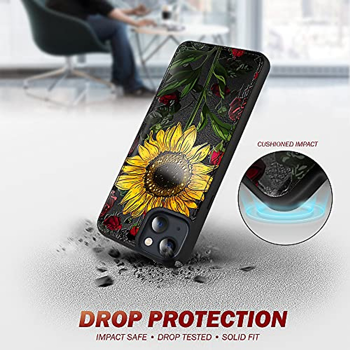 Shields Up for iPhone 15 Wallet Case, Detachable Magnetic Case Wallet with Card Holder & Strap for Girls/Women, Vegan Leather Floral Cover for iPhone 15 6.1 inch - Rose Flower/Sunflower