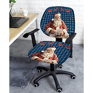 Christmas Santa Office Chair Cover Stretchable Computer Chair Seat Cover Backrest Slipcovers, Stretchable Rotating Desk Chair Seat Cushion Split Protectors Elk Buffalo Plaid Check Blue Snowflake