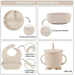 Mrkyy Silicone Baby Feeding Set, Baby Led Weaning Supplies 8 Pack with Suction Plate and Bowl, Self Feeding Spoons Forks Sippy Cup Adjustable Bib, Eating Utensils for 6+ Months - Beige