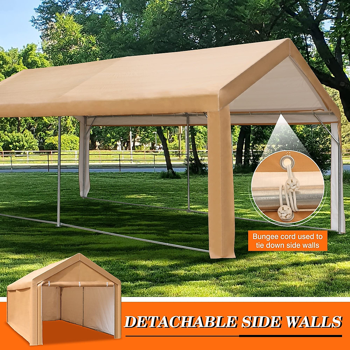 Sophia & William 10'x20' Car Canopy, Heavy-Duty Carport with Removable Sidewalls & Doors, UV & Water Resistant, Portable Car Shelter