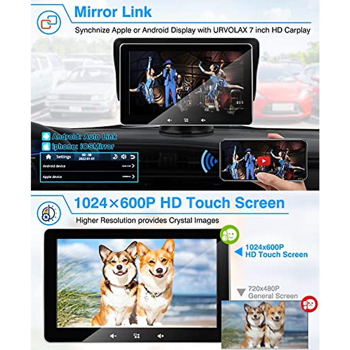 URVOLAX Wireless Portable Car Stereo Carplay Audio Receiver Compatible with Apple Android Auto System,7" HD Touch Screen Car Play with Bluetooth WiFi GPS Navigation FM Radio MirrorLink Voice Control