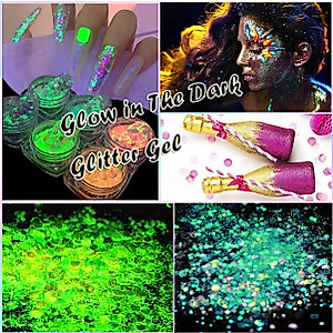 18 Colors Glow in The Dark Face Body Glitter Gel, Luminous Iridescent Glitter for Eye Lip Nail Hair, Self-Adhesive UV Holographic Face Glitter Gel Halloween Christmas Party Makeup (18 Colors)