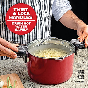 Gotham Steel 5 Quart Stock Pot Multipurpose Pasta Pot with Strainer Lid & Twist and Lock Handles, Nonstick Ceramic Surface Makes for Effortless Cleanup with Tempered Glass Lid, Dishwasher Safe - RED