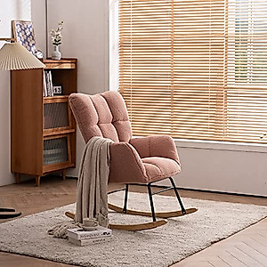 Krinana Teddy Fabric Nursery Rocking Chair, Rocker Armchair with Solid Wood Legs, Glider Chair Nursery with High Backrest for Living Room Apartment (Teddy Fabric,Pink)