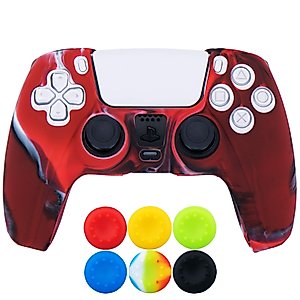 9CDeer 1 Piece of Silicone Protective Cover Skin + 6 Thumb Grips for PlayStation 5 / PS5 Controller Camouflage Red