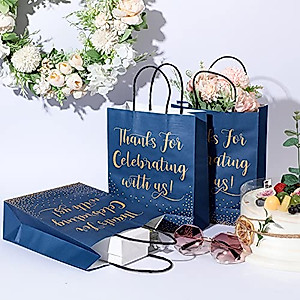45 Pcs Wedding Welcome Bags for Hotel Guests Gold Foil Wedding Gift Bags with Handles Thanks for Celebrating with Us Paper Bags Medium Size Wedding Bags Bridal Gift Bags Baby Shower Favor (Dark Blue)