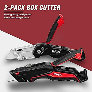 KATA 2-Pack Heavy Dudy Utility Knife Box Cutter Retractable Blade Folding Knife Set, 10pcs SK5 Sharp Blades In Case for Box, Cardboard and Carton