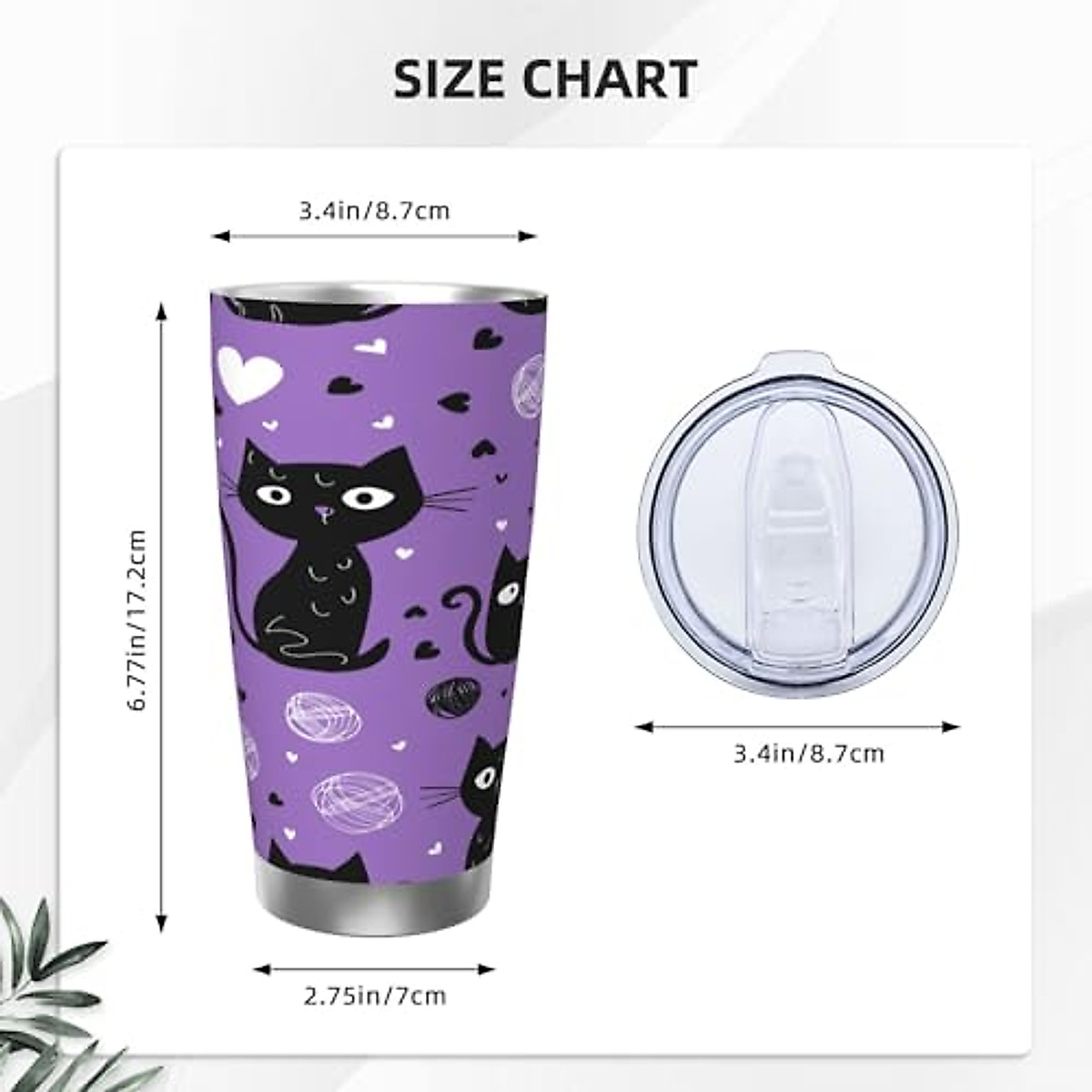 AYCZN Black Cat Heart 20 OZ Tumbler Stainless Steel Travel Coffee Mug, Cute Kitten Insulated Water Bottle with Lid and 2 StrawsLeakproof Thermal Cup