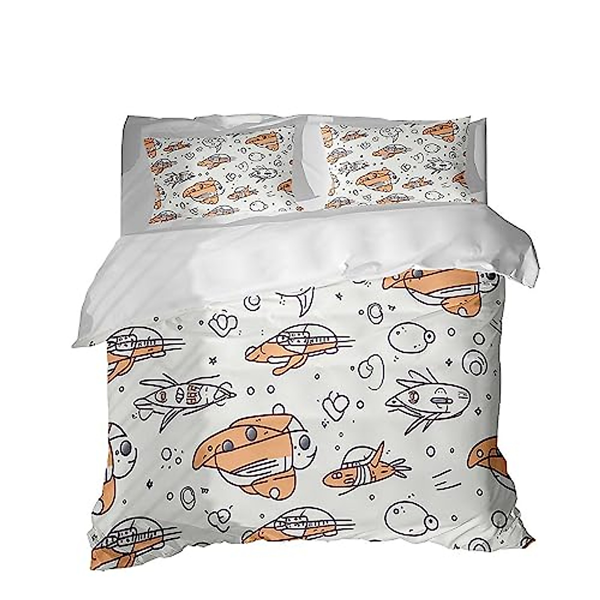 RPXPV 3 Piece Bed Set Mini Line Cartoon Spaceship Men and Women Comforters, Soft and Comfortable Skin-Friendly and Breathable Quilt Cover for Hotel86x94in（220cmx240cm）