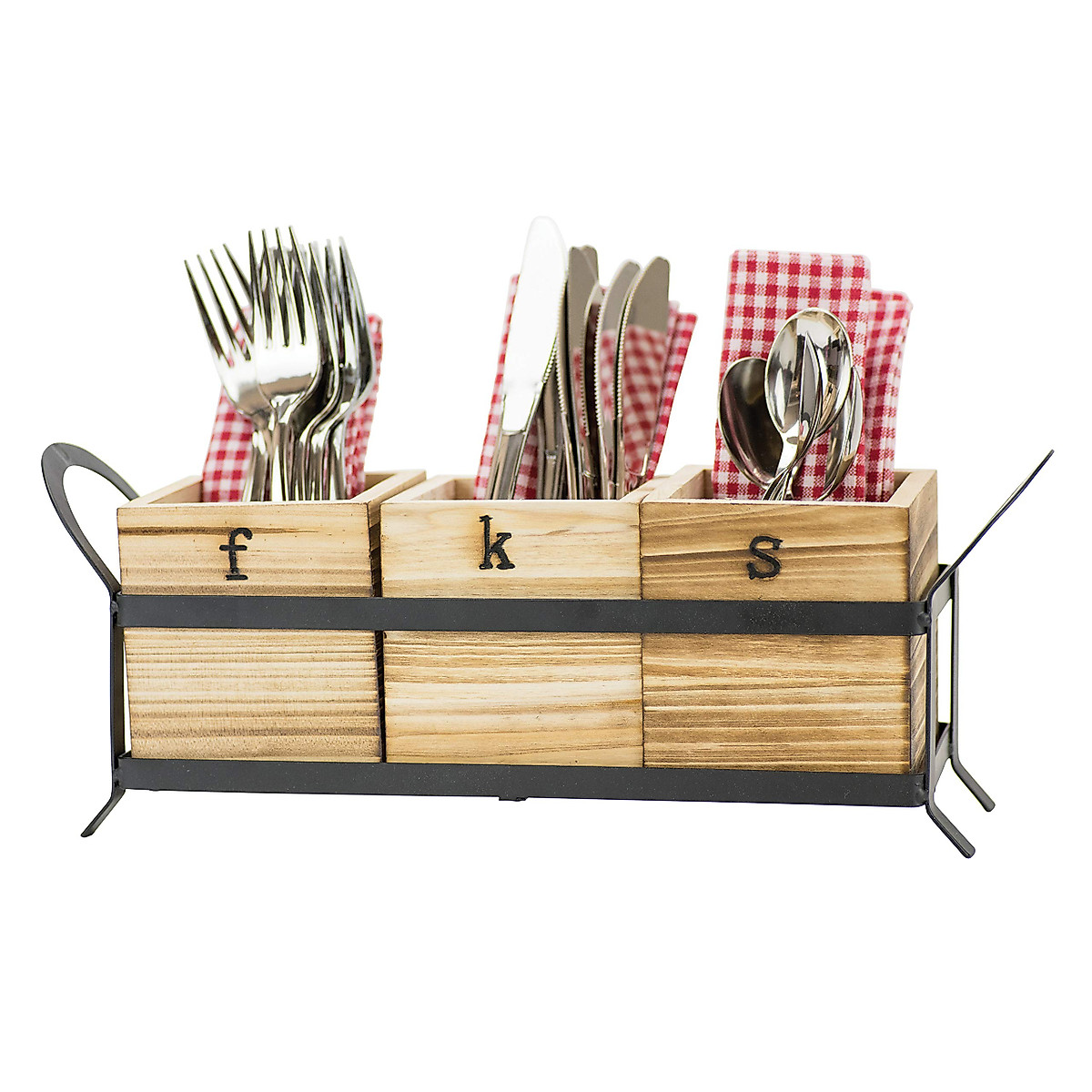 Boston Warehouse Rustic Farmhouse Wood and Metal Flatware Caddy with Removable Utensil Crocks