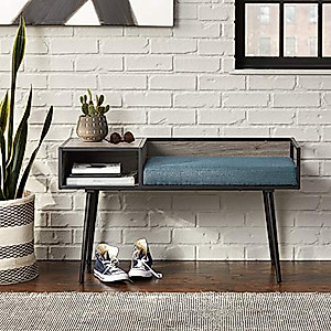 Walker Edison Hawkins Mid Century Modern Metal and Wood Storage Bench with Plush Cushion, 40 Inch, Blue