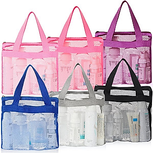 Sweetude 6 Pcs Portable Mesh Shower Caddy Tote Assorted Colors Quick Dry Tote Bag Mesh Beach Bags for Women Hanging Toiletry and Bath Organizer for Travel Swimming Sports Gym Camp Shopping College
