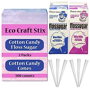 Eco Craft Stix Floss Sugar 2 Pack with 100 Cotton Candy Cones