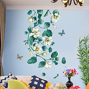 LiveGallery Removable Vinyl Fresh Green Leaf and White Flower Wall Sticker Murals Kids Girls Bedroom Nursery Rooms Wall Decals 3D Peel and Stick Decor for Home Living Room Offices Wall Corner