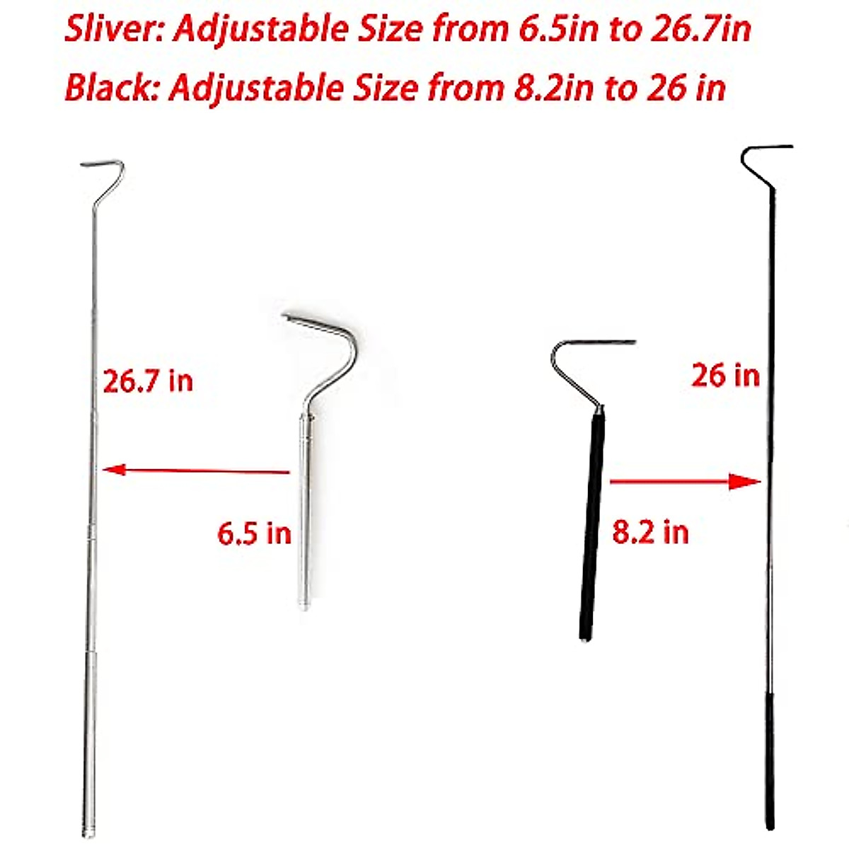 DQITJ 2 Pack Portable Mini Snake Hook, Collapsible Stainless Steel Snake Tongs, Retractable Snake Catching Tool (26 inch, Silver and Black)