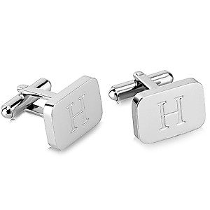 18K White-Gold Plated Initial Engraved Stainless Steel Men’s Cufflinks With Gift Box -Personalized Alphabet Letter’s A-Z By Lux & Pair (H- White Gold)