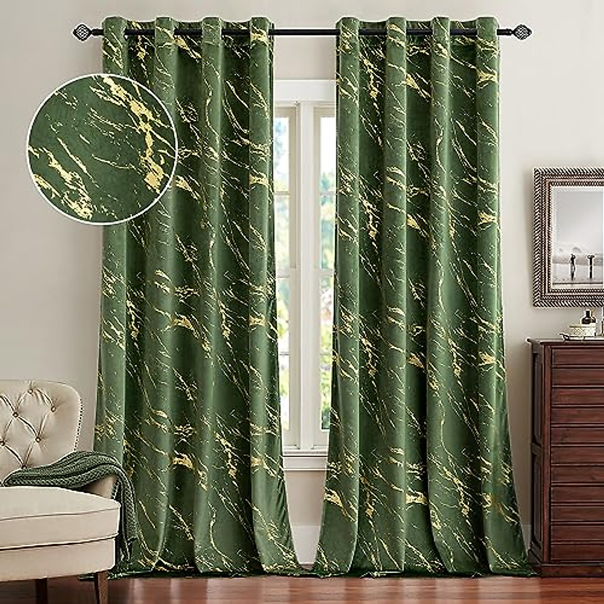MIULEE Olive Green Velvet Curtains Grommet Thermal Insulated Room Darkening Drape for Classical Living Room Bedroom Decor Bundle Glitter Metallic Marble Pattern Gold Foil Print Curtains 96 Inches Long