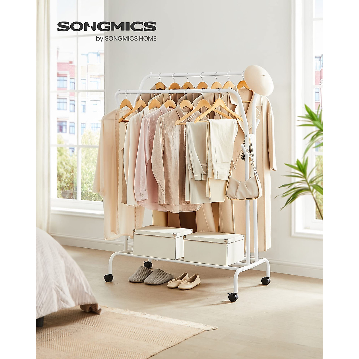 SONGMICS Clothes Rack, Double-Rod Clothing Rack with Wheels, Heavy-Duty Metal Frame, Garment Rack, 220 lb Max. Total Load, 40.7 Inches Wide, Clothes Storage and Display, White UHSR107W01