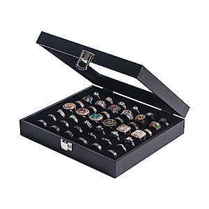 Pangkeep 42 Slots Ring Organizer Display Case,Black Jewelry Storage Tray Boxes for Multiple Rings,Glass Lid,Stackable.