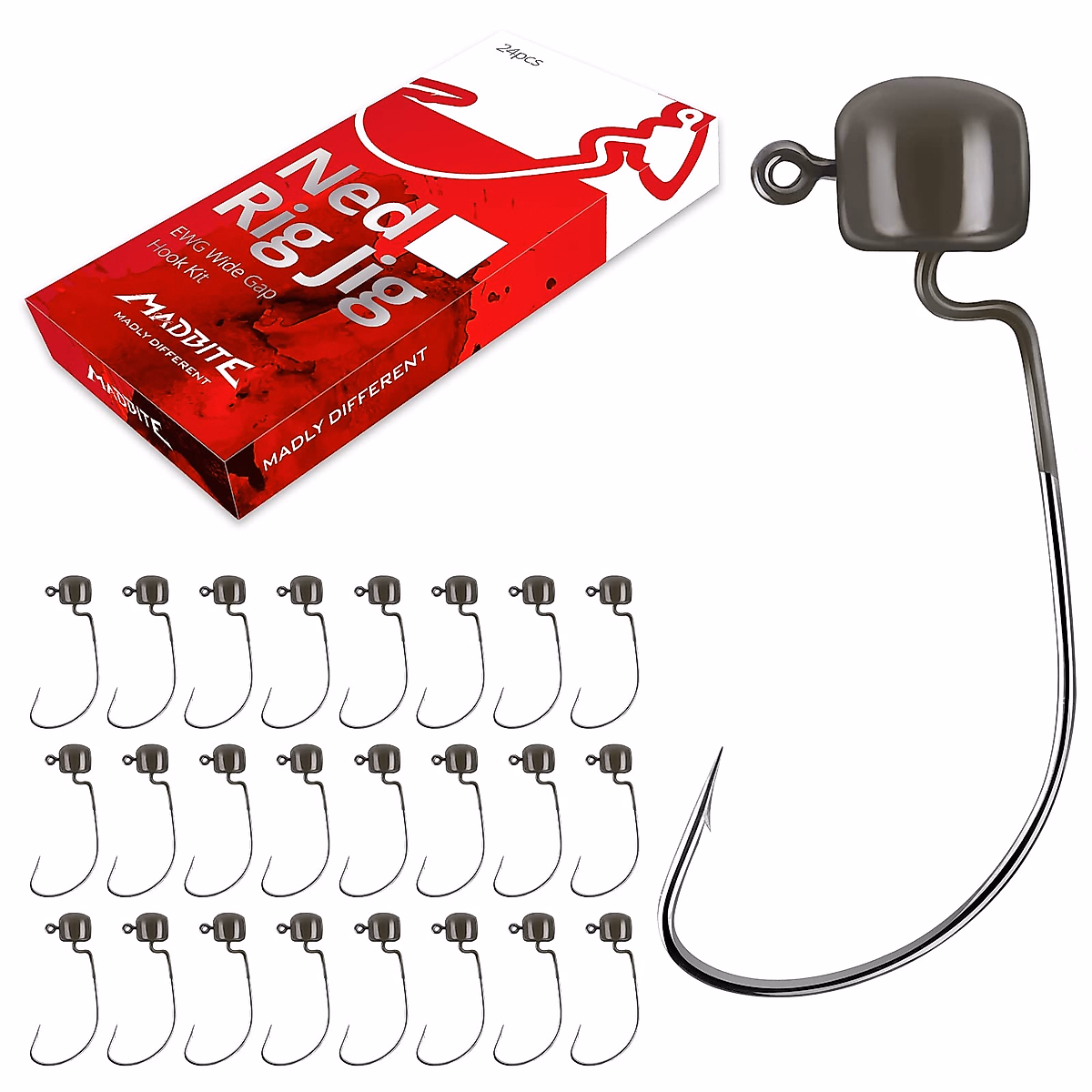 MadBite Ned Rig Jig Hook Kits, Finesse Mushroom Jig Heads for Soft Lures (Green Pumpkin (Wide Gap), 3/16 oz)