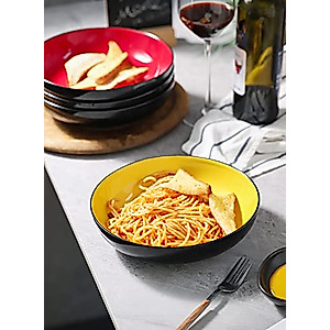 Teocera Pasta Bowls, Large Salad Bowls, Porcelain Bowl Set, Wide and Shallow, Microwave and Dishwasher Safe, 35 Ounce - Set of 4, Black Multi Color