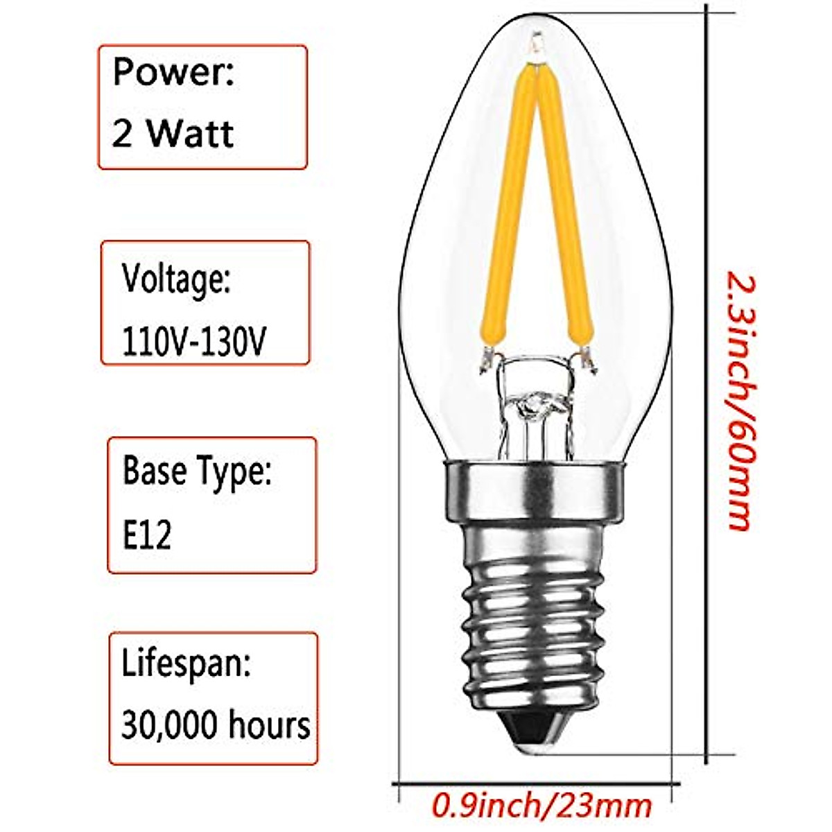 KIMROO 2W E12 C7 Candelabra LED Bulbs(6 Pack) 15W Enquivalent E12 Base LED Filament 2W Bulb 120V Dimmable 2700K Warm White Clear Glass C7 Mini Candle Torpedo Shape for Night Light (Warm White)