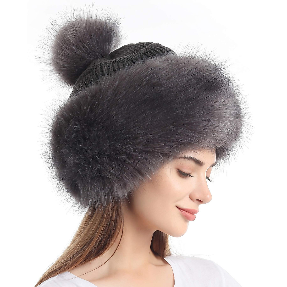 Soul Young Women's Faux Fur Hat Black Russian Cossack Knit Pompom Ski Snow Cap for Winter White(One Size,Dark Grey)
