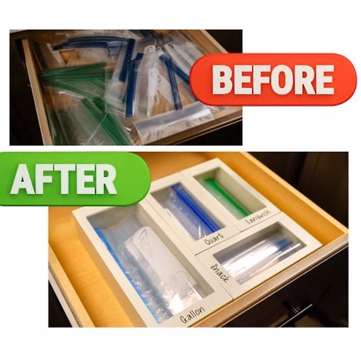 Round Branch Ziplock Bag Storage Organizer for Kitchen Drawer, 4 Piece Set, Light Gray, 4 Separate Containers for Four Different Size Baggies, Gallon Quart Sandwich Snack, Fits Most Brands