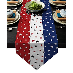 Independence Day Table Runner with Cotton Linen Blend,July 4th Red White Blue Table Top Covers Table Runner Decorations for Indoor Outdoor Party Holiday Wedding Dining Table-13 x 70inch Long