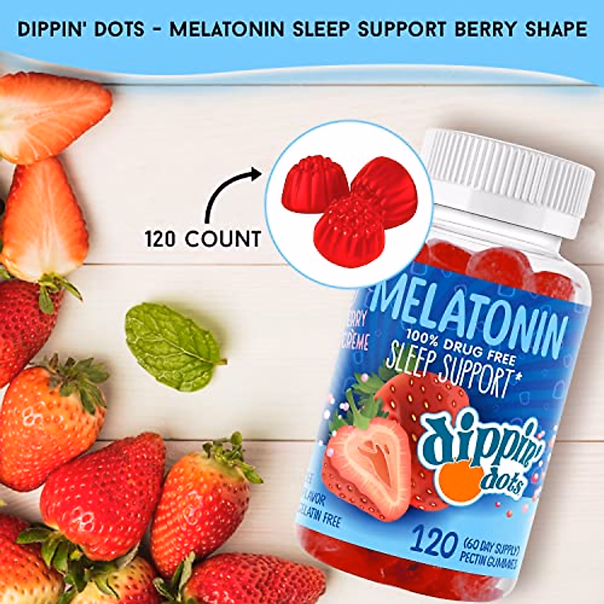 Dippin' Dots - Melatonin Sleep Support Gummies (120 Count) Strawberry Sunset Creme Flavor Chews | 2.5mg Per Gummy Sleep Supplement for Children and Adults | Supplement for faster Faster & Longer Sleep