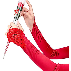 SAVITA Fingerless Long Red Gloves Pierced Elbow Length Satin Gloves 19" Stretchy Opera Evening Party 1920s Gloves for Women