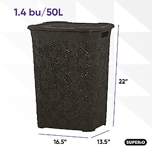 Superio Laundry Hamper with Lid Lace Design 50 Liter - Brown Laundry Hamper Basket with Cutout Handles, Rectangular Shape Modern Style Bin -Dirty Cloths Storage