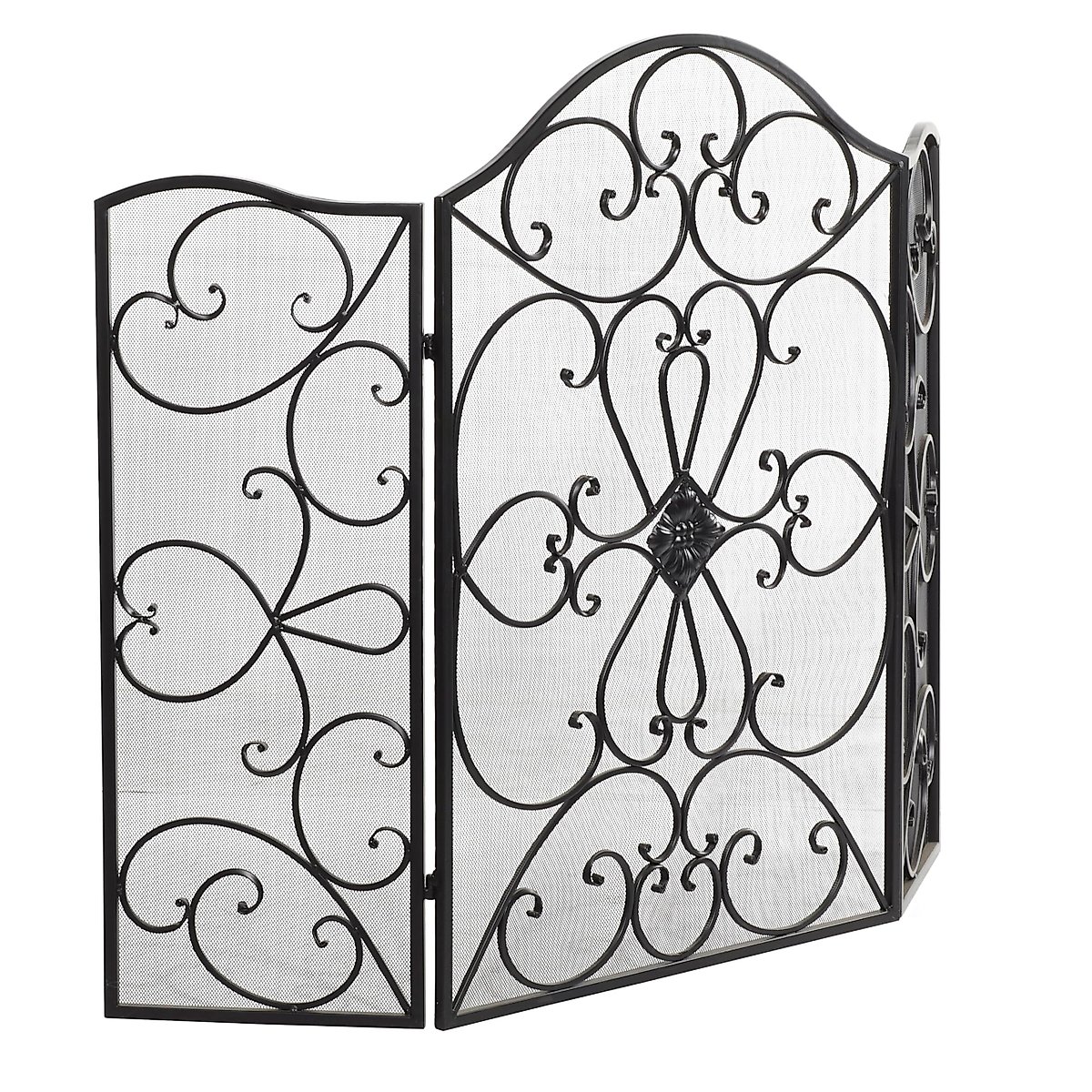 Deco 79 Metal Scroll Foldable Mesh Netting 3 Panel Fireplace Screen, 48" x 1" x 38", Brown