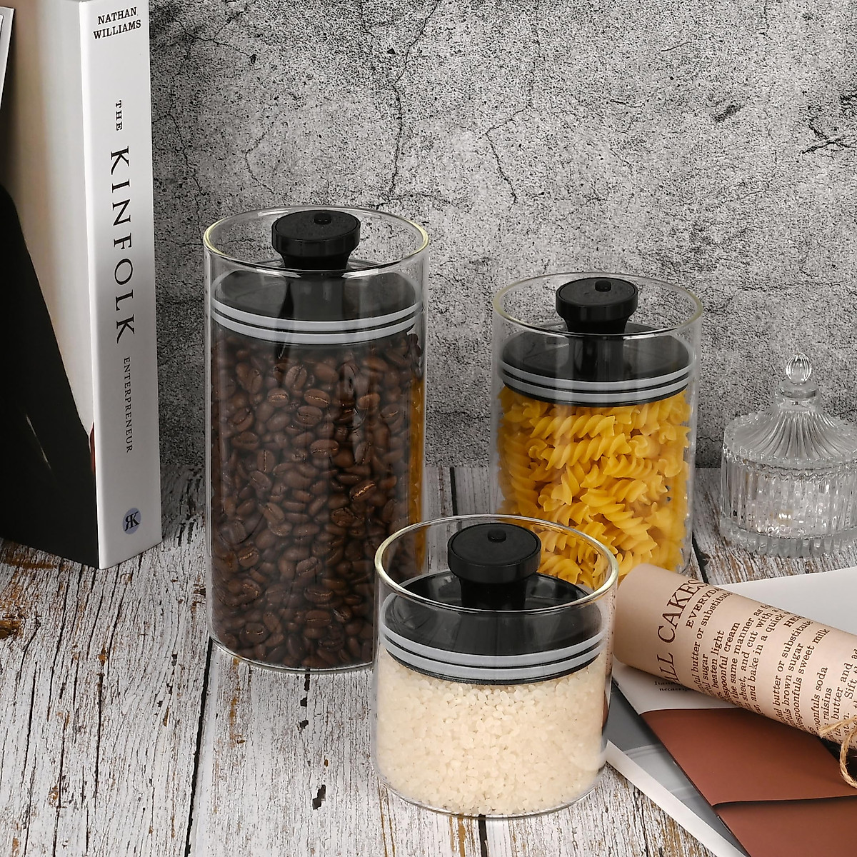 SET OF 3 Glass Storage Jars with Airtight Lids - Kitchen Storage Containers - Preserve Food Freshness by Expelling Excess Air - Pantry Borosilicate Glass Canisters - Coffee Beans - Nuts .. 33,23,14 OZ
