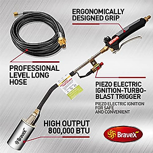 Propane Torch Weed Burner - Weed Torch Heavy Duty Blow Torch Flamethrower with Turbo Trigger Push Button Igniter and 10ft Hose, High Output 800,000BTU for Garden Yard, Roof Asphalt, Ice Snow